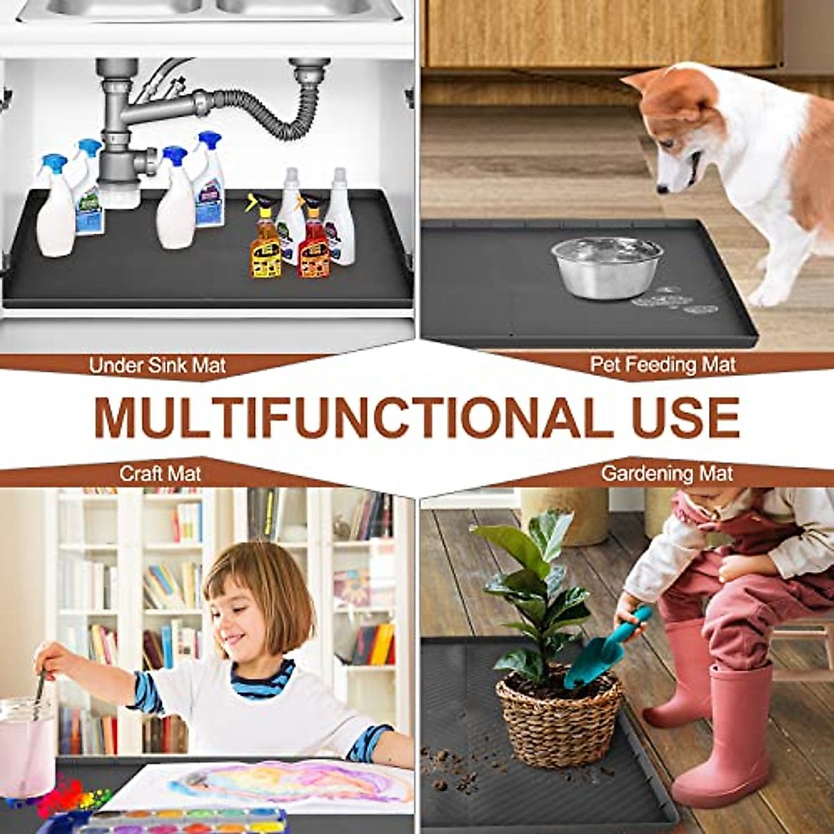 Under Sink Mats for Kitchen Waterproof, 34" x 22" Silicone Under Sink Liner, Under Sink Liner Hold up to 3.3 Gallons Liquid, Sink Protector Tray with Drain Hole for Kitchen Bathroom Cabinet (Black)