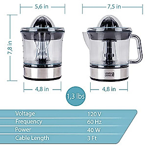 LEBENLANG – Electric juicer max juice yield | Citrus juicer + 2 cones 40W | Lemon, lime, orange, fresh fruit juice squeezer machine | Automatic lever press extractor | exprimidor de naranjas electrico