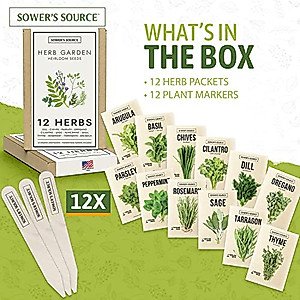SOWER'S SOURCE Herb Seeds For Planting - 12 Non-GMO Herb Garden Seeds for Planting Herbs: Basil Seeds, Dill, Chives, Oregano, Sage, Peppermint, Cilantro, Thyme, Rosemary, Tarragon, Parsley, Arugula