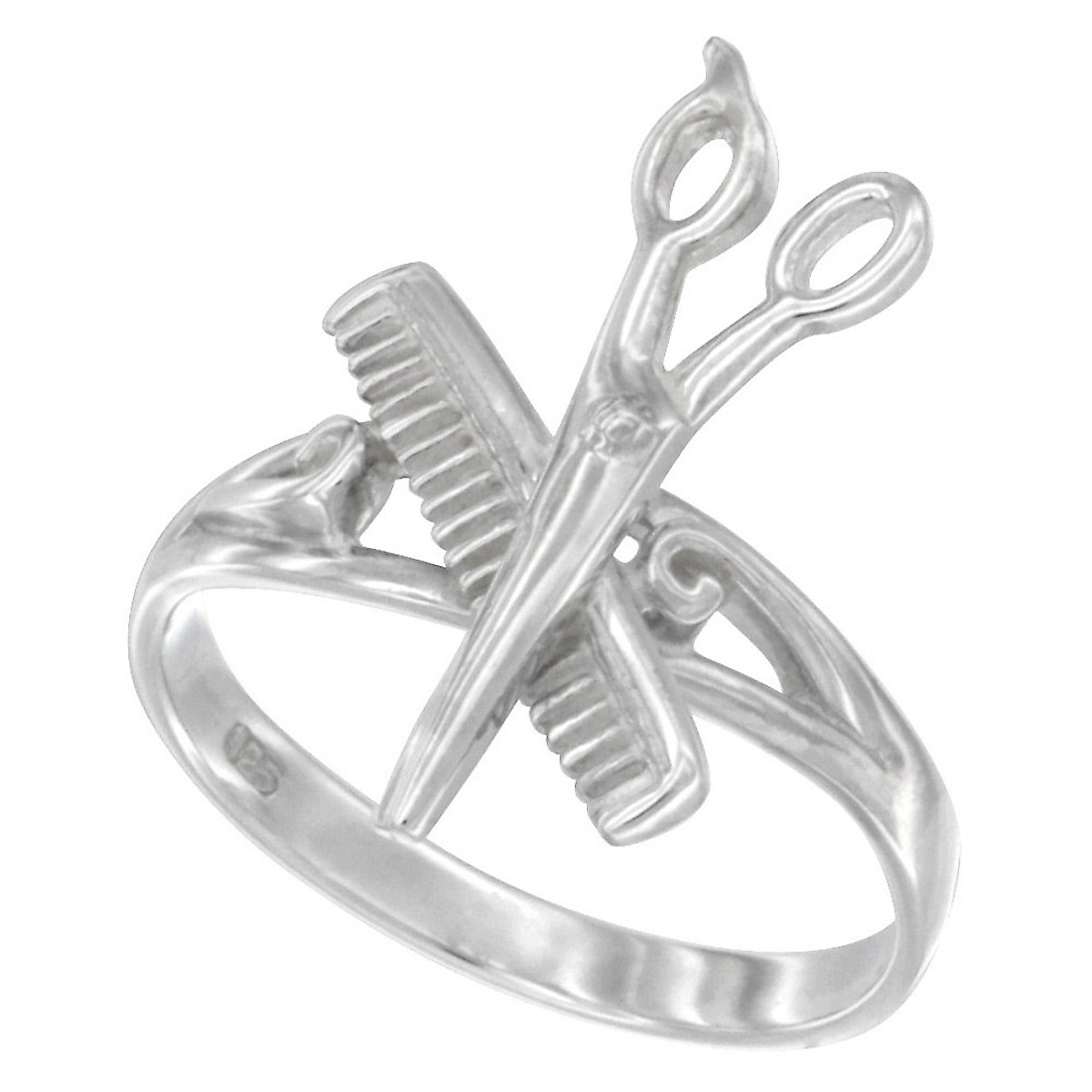 Sterling Silver Barber Shop Comb & Scissors Ring Flawless Quality 3/4 inch long, size 9