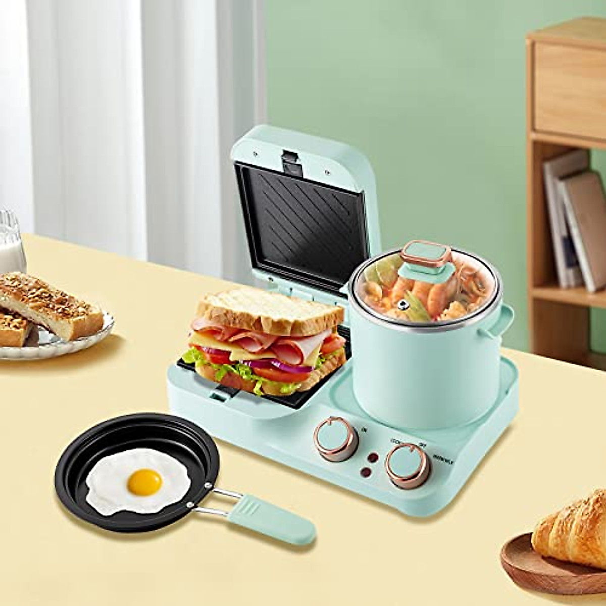 3 in1 Breakfast Station with Boiling Pot, Multi-Function Electric Home Mini Toaster Sandwich Maker with Easy Frying Pan and Food Steamer