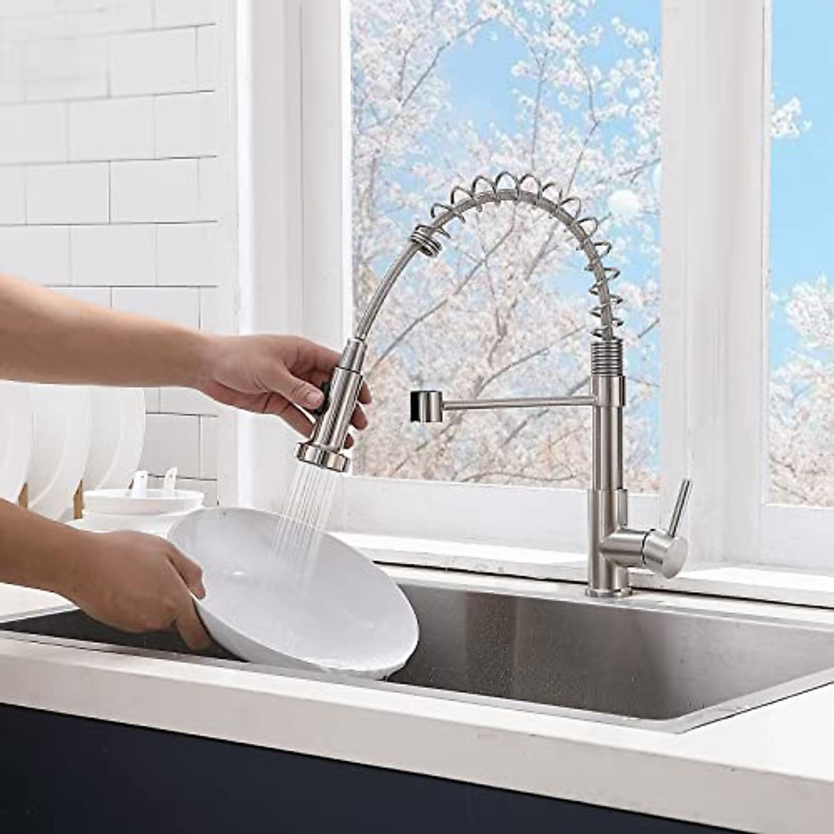 SHACO Commercial Brushed Nickel Kitchen Faucet with Pull Down Sprayer, Modern Stainless Steel Single Handle Spring Kitchen Faucets for Farmhouse Outdoor RV Camper Laundry Prep Wet Bar Sink 1 Hole