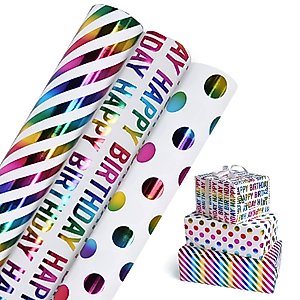 KORSEEN Gift Wrapping Paper Roll, Rainbow Gold Foil Wrapping Paper for Birthday, Party, Holiday - 3 Mini Rolls Birthday Gift Wrap - 17 x 120 Inch Per Roll