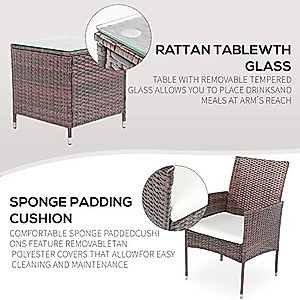 Recaceik, 2 upholstered top Dining （Brown） Patio, 3 Piece Set Outdoor Space-Saving Rattan Glass Tables and Chairs