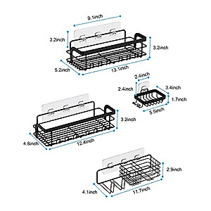 Black Shower Caddy, 4 Packs Self Adhesive Shower Shelves, Bathroom Shower Organizer with 8 hooks, No Drilling Rustproof Stainless Steel Shower Shelf for Inside Shower Wall
