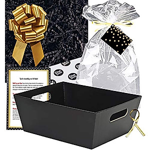 Gift Basket Making Kit and Supplies - Do It Yourself Diy Build Your Own Gift Basket Matching Supplies Market Tray Basket Cellophane Bag Shredded Crinkle Paper Ribbon Pull Bow (BLACK AND GOLD, X-LARGE)