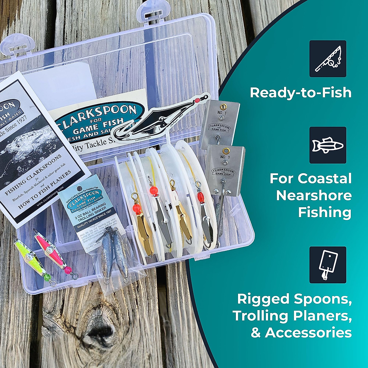 CLARKSPOON - Ready to Fish Trolling Kit - Fishing Equipment for Coastal Waters- Great for Spanish Mackerel, Bluefish, Bonito, Tuna, & More - Trolling Kit with Lures, Trolling Sinkers & Planers
