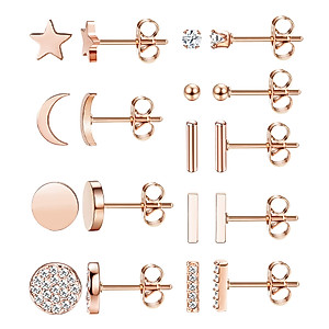 FIBO STEEL 9 Pairs Stainless Steel Star Moon Stud Earrings for Women Cute Bar CZ Stud Earring Set (B: Rose Gold)