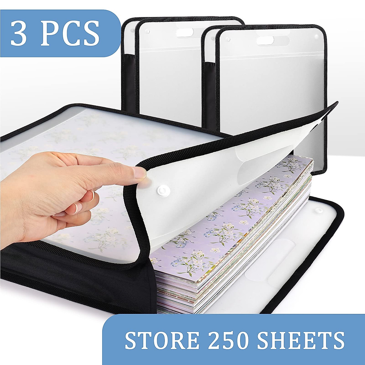 Caydo Scrapbook Paper Organizer, 3 Pack Black Expanding Paper Folio with Handle, Clear Portable Scrapbook Paper Storage for Holding 12 x 12 Inch Scrapbook, Vinyl Paper