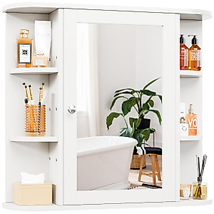 SUNLEI Bathroom Cabinet Wall Mounted with Mirror Door, Over The Toilet Storage Cabinet with Doors and Shelves, Bathroom Medicine Cabinets with 6 Open Shelves for Bathroom Organizer or Laundry(White)