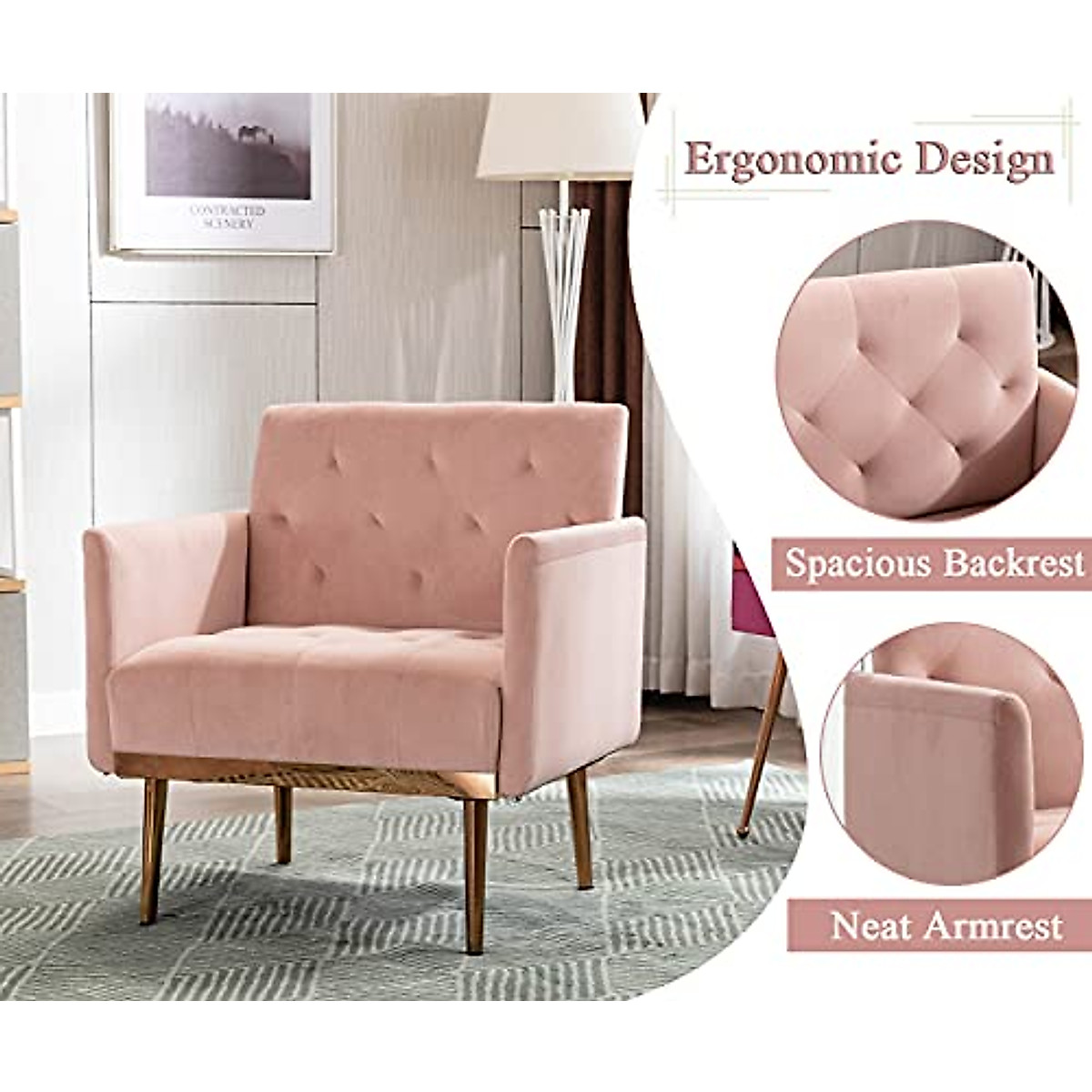SLEERWAY Modern Velvet Single Sofa Chair, Upholstered Accent Living Room Chair, Comfy Armchair with Rose Golden Metal Legs, Tufted Chair for Reading or Lounging (Pink)