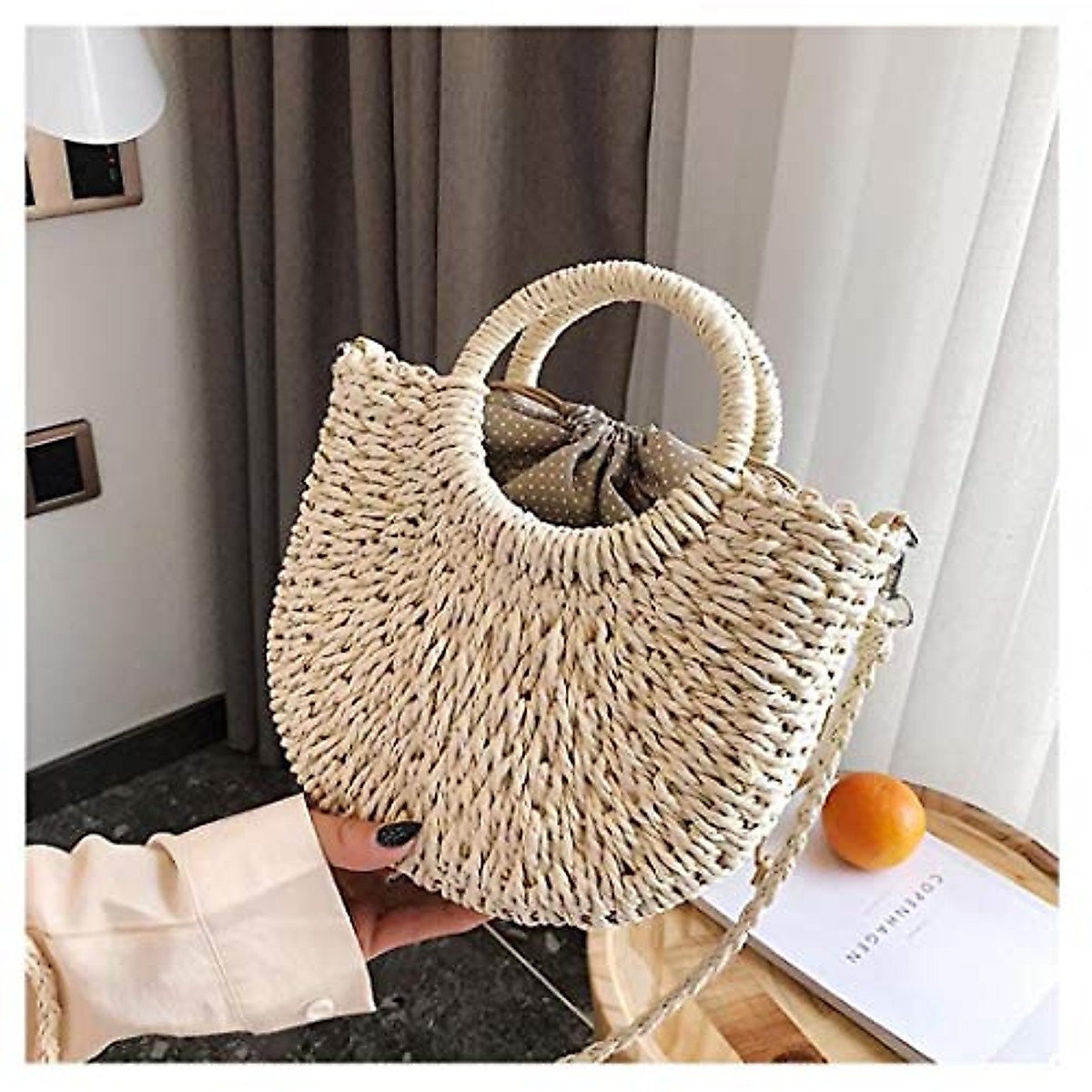 Rattan Handmade Straw Tote Handbag Beach Shoulder Bag Summer Beach Rattan Bag Straw Bag (White)