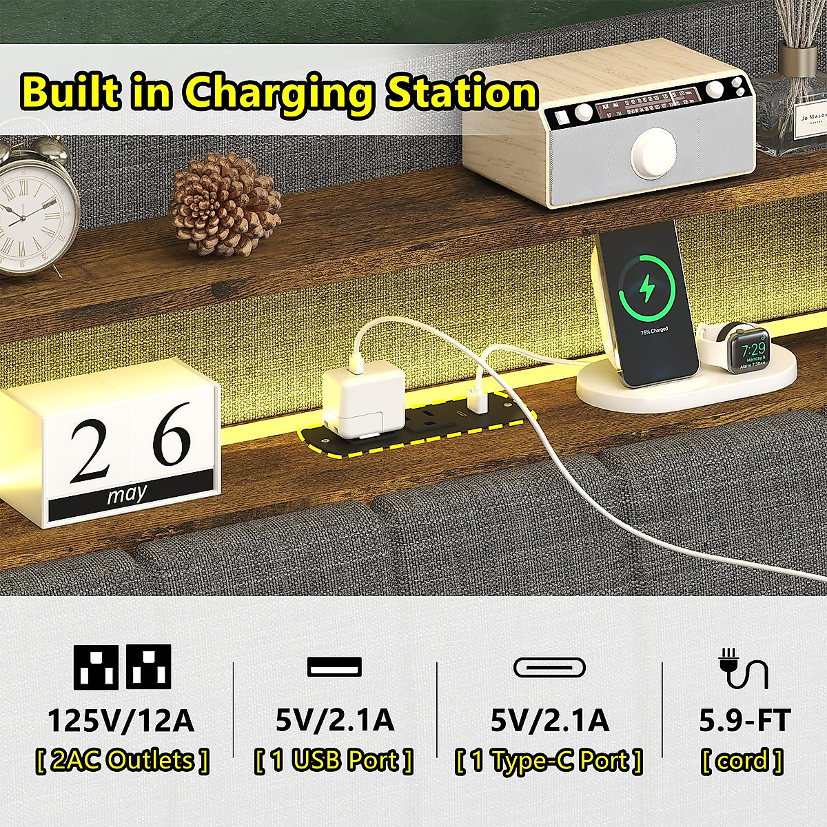 Full Size Floating Bed Frame with Charging Station,RGB Light,2-Tier Upholstered Headboard & 2 Hidden Storage Space,Heavy Duty Slat Support,Sturdy & Stable,Line Tufted, No Box Spring Needed, Dark Gray