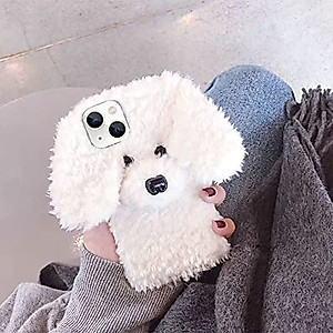 Losin Compatible with iPhone 13 Case Cute Plush Furry Dog Phone Case for Women Girls Girly 3D Cartoon Kawaii Case Soft TPU Shockproof Protective Cover White