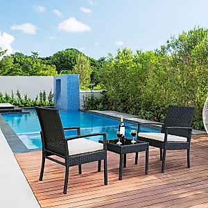 ReunionG 3 Piece Conversation Wicker Rattan Outdoor Patio Furniture Set with 2 Cushioned Chairs & End Table, Black