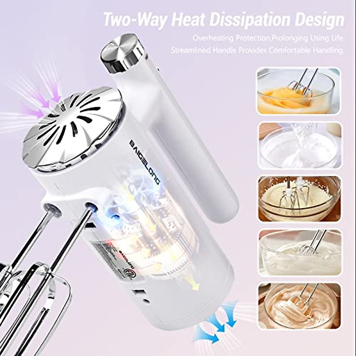BAIGELONG Hand Mixer Electric, 500W Ultra Power Handheld Mixer with Continuously Variable Speed Control, 5 Stainless Steel Accessories Kitchen Mixer for Baking, Dishwasher Safe, White Silver