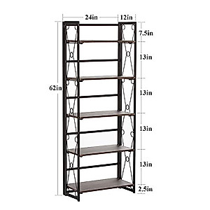 VECELO Bookshelf, 5 Shelf Folding Bookcase No Assembly, Industrial Metal Freestanding Shelves Rack Organizer for Living Room, Bedroom, Kitchen, Office, Dark Brown