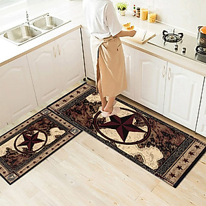 2 Pieces Non-Slip Vintage Style Kitchen/Bath Rug Runner Mat, Super Absorbent Rugs, Washable Carpet Kitchen Mats 15.7x23.6inch+15.7x47.2inch, Western Texas Star on Wood Panel Rustic