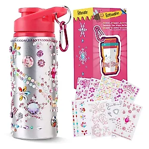 Gift for Girls, Decorate & Personalize Your Own Water Bottles with Tons of Rhinestone Glitter Gem Stickers, Reusable BPA Free 12 oz Kids Water Bottles Cute Gift, Fun DIY Art and Craft for Kid Pink
