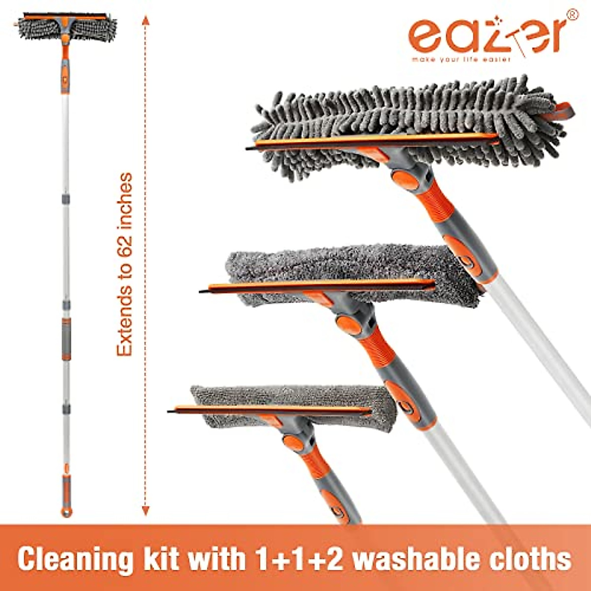 eazer Squeegee Window Cleaner 2 in 1 Rotatable Window Cleaning Tool Kit with Extension Pole, 62‘’ Telescopic Window Washing Equipment with Bendable Head for Indoor/Outdoor Car Glass - 4 Pads