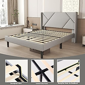 QIAYA Bed Frame Queen Size Upholstered Platform with Fabric Wingback Headboard/12 Solid Wooden Slats, Non-Slip and Noise-Free, No Box Spring Needed, Light Gray