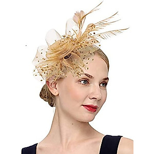 fghuim Women's Organza Church Kentucky Derby British Bridal Tea Party Wedding Hat Feather Hair Clip Gold Fascinators Hat (Gold)