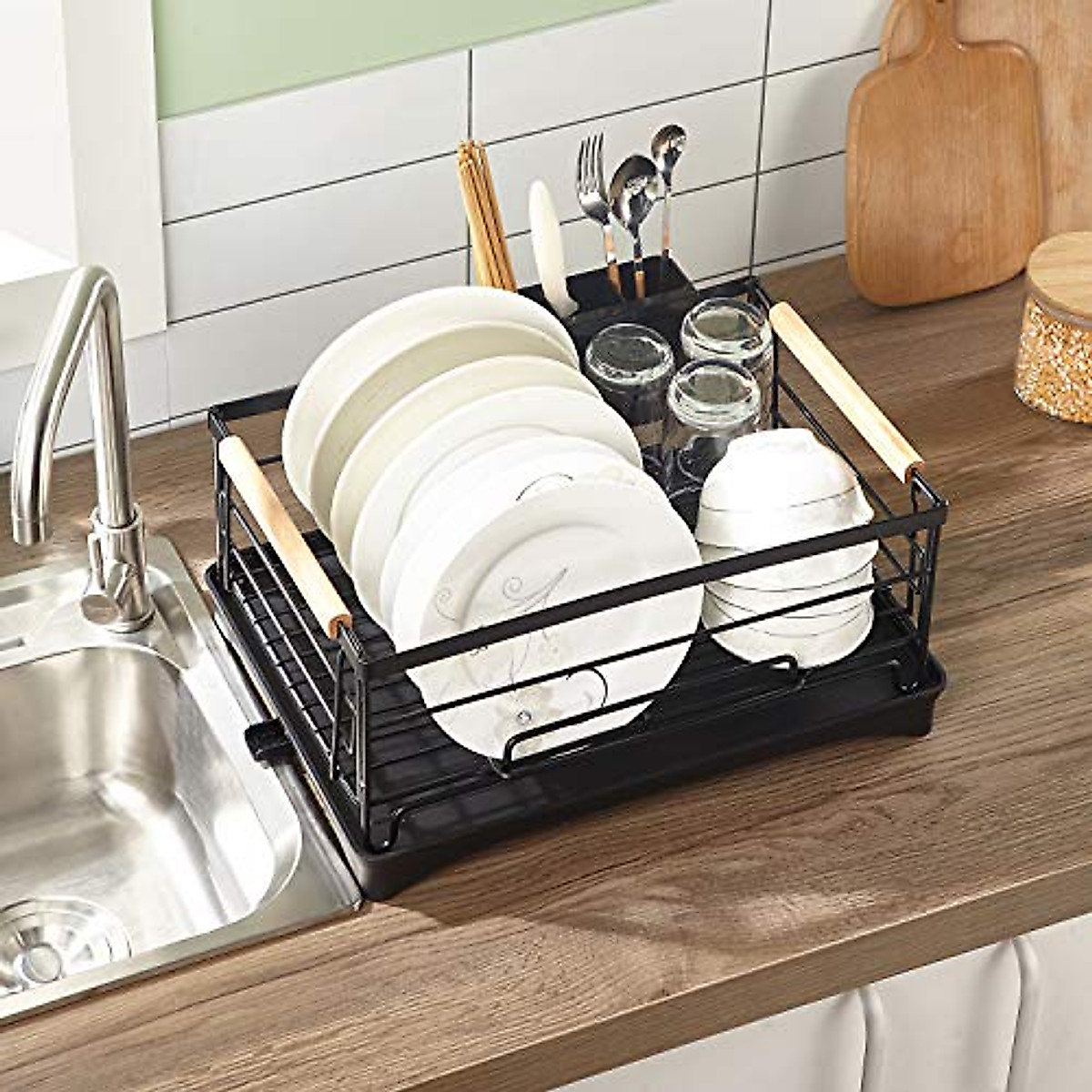 Flaovoth Dish Drying Rack, Dish Drainers for Kitchen Counter Dish Rack with Drying Drainboard and Utensil Holder, Rust-Proof Stainless Steel, Black, 16.65’’L x 11.93’’ W x 6.41’’H