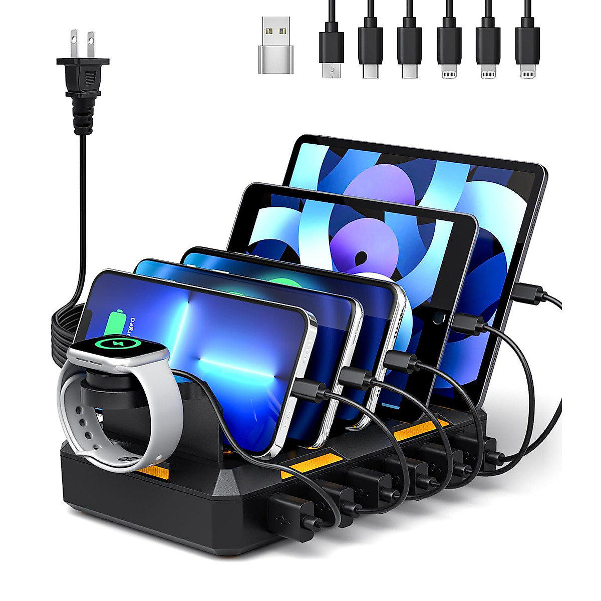 Charging Station for Multiple Devices, Honcila 6 in 1 Multi Charger Station Charging Dock for Cellphone Tablet iPhone iPad and More - 50W Charging Station Organizer with 6 Mixed Charging Cables