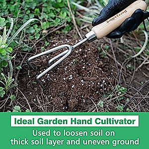 Berry&Bird Garden Hand Cultivator, Stainless Steel Handheld Triple Claw Hand Rake with Ergonomic Wooden Handle and Leather Strap, Heavy Duty Garden Tilling Tool for Weeding, Turning Soil, Cultivating
