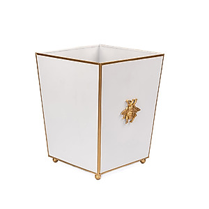 Jaye's Studio Regency Line, Square Wastebasket & Garbage Bin, Gold Trim & Finish, Round Gold Feet, Hand-Painted, Metal, Trash Bin for Bedroom, Office, Bathroom, 9" x 9 x 12 (White, Gold Bee)