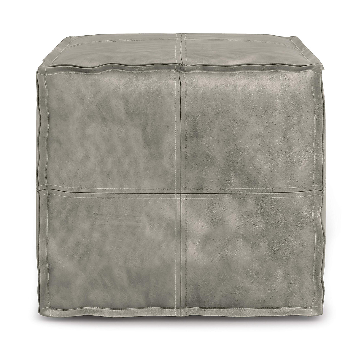 SIMPLIHOME Brody Square Pouf, Footstool, Upholstered in Distressed Grey Faux Leather, for the Living Room, Bedroom and Kids Room, Transitional, Boho