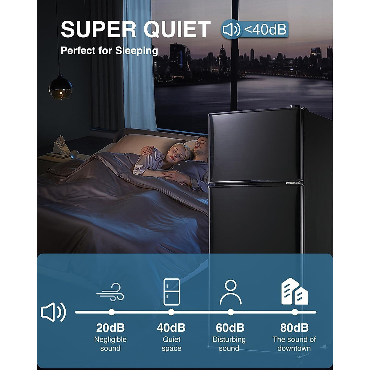 Fcicarn 3.5 Cu. Ft. Compact Refrigerator, Energy efficient mini fridge with freezer, double doors, 7-level thermostat for small spaces, Black