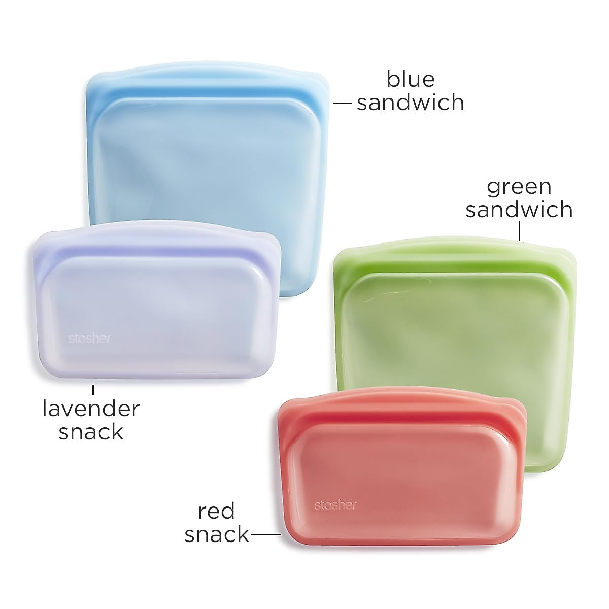Stasher Premium Silicone Reusable Food Storage Bags, 4-Pack, Rainbow | Multi-Use Food Storage Bags, Lunch Bag, Travel Containers | BPA Free, Leak-free, Dishwasher-Safe, Eco-friendly