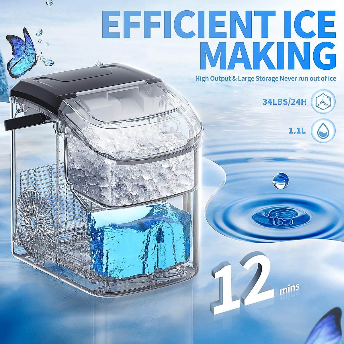 Nugget Countertop Ice Maker with Soft Chewable Pellet Ice, Pebble Portable Ice Machine, 34lbs Per Day, Self-Cleaning, Sonic Ice, One-Click Operation, for Kitchen,Office Stainless Steel Black