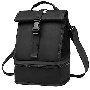 SUNNY BIRD Small Insulated Rolltop Lunch Box Women, Expandable Bento Cooler Bag Reusable for Adult Men (Black, Medium)