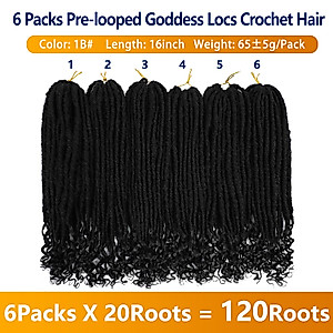 Goddess Locs Crochet Hair 6 Packs 16 Inch Straight Faux Locs Crochet Hair for Black Women, Crochet Pre-Looped Curly Hair Soft Faux Locs Synthetic Braiding Hair Extensions (16 Inch, 6 Packs, 1B#)