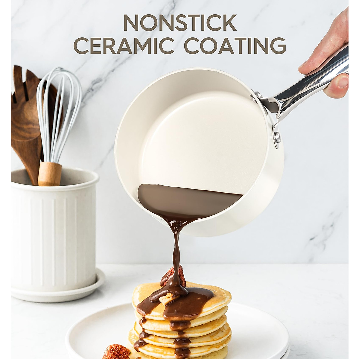 MICHELANGELO Sauce Pan Sets - Ceramic Sauce Pan with Lid, Nonstick Saucepan Set, 1Qt & 2Qt & 3 Qt Small Pots for Cooking, Non-Toxic Sauce Pot, White