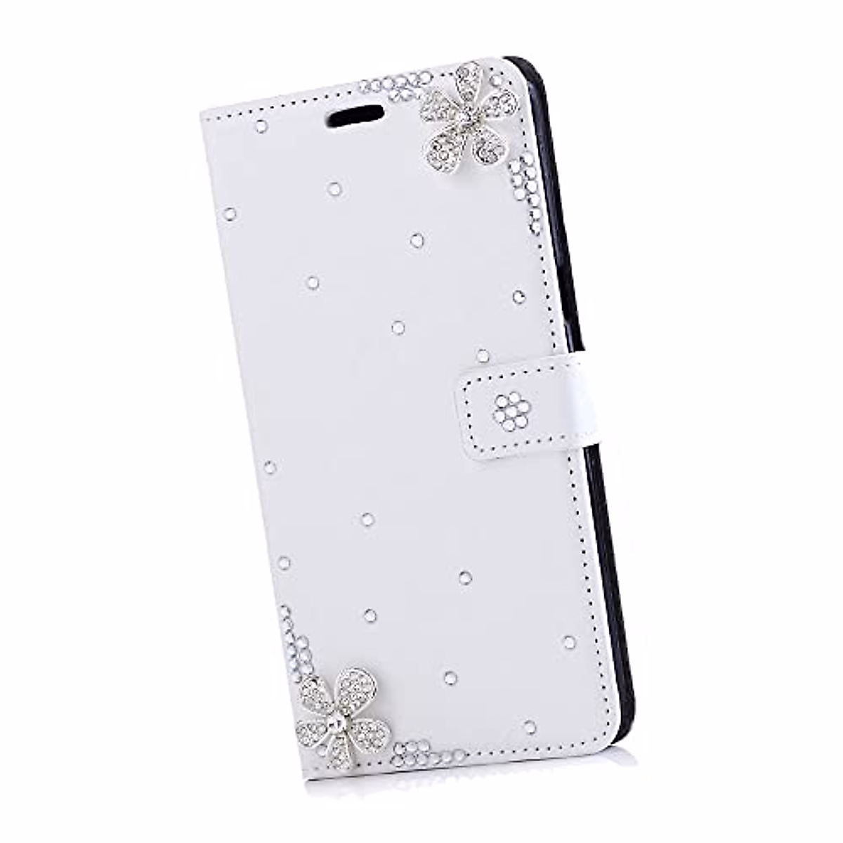 Fairy Art Crystal Wallet Case Compatible with Samsung Galaxy Z Fold 5 - Little Flowers - White - 3D Handmade Sparkly Glitter Bling Leather Cover with Screen Protector & Neck Strip Lanyard