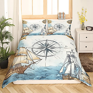 Nautical Sailboat Duvet Cover King Size,Compass Rudder Bedding Set,Kids Boys Girls Teens Adults,Sea Adventure Ocean Map Comforter Cover Sketch Navy Blue Beige Quilt Cover,1 Pillowcase(Not Comforter)