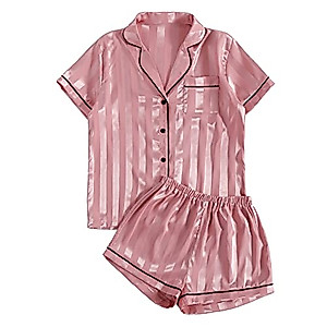 Umenlele Women's Silky Satin Striped Pajamas Short Sleeve Top with Shorts Sleepwear PJ Set Pink Small