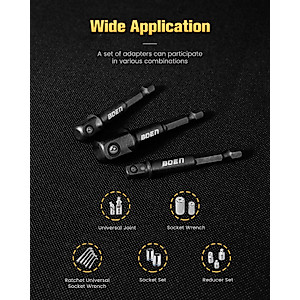 BOEN Impact Grade Socket Adapter Set, 3-PCS Drill Bit Adapter with Bit Holder, Sizes 1/4", 3/8", 1/2", 1/4-Inch SAE Hex Shank, Cr-V with Black Phosphate Finish