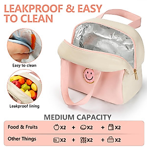 Lunch Bag for Women Large Insulated Lunch Box Reusable Lunch Tote Bag with Smiley Preppy Lunch Bag,Soft Leather Lunchbag for Work School Picnic Travel (White&Pink)