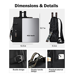 FADEON Leather Laptop Backpack for Women, Designer Ladies Work Travel Computer Backpack with Laptop Compartment Purse Black