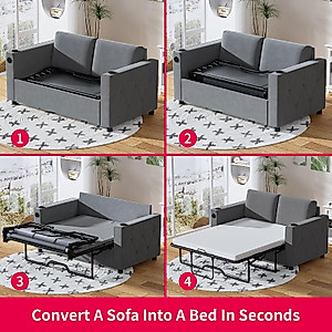 MUZZ Pull Out Couch Bed, 2 in 1 Sleeper Sofa Bed with Cup Holder & USB, Modern Velvet Sofa Bed with Foam Matress for Living Room, Apartment, Office(Queen/Dark Grey)