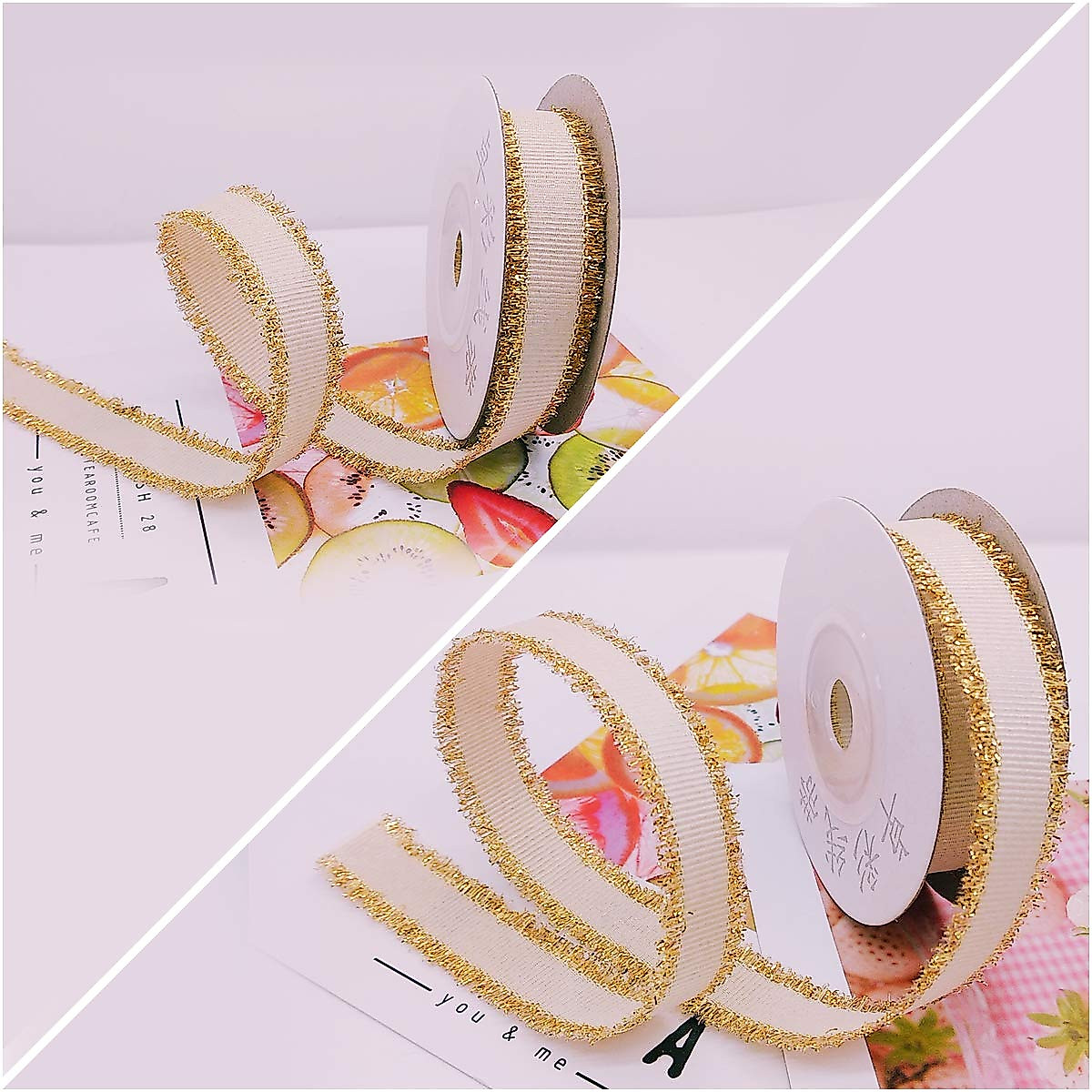 Christmas White Glitter Grosgrain Ribbon with Gold Trim,DIY Grosgrain Fringe Ribbon for Gift Crafts Wedding Party Birthday Wrap Hair Bows Floral Projects Wrapping Decorations 1.6cmx5m (1 Roll)
