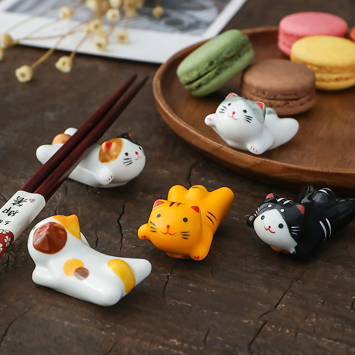 5 Pack Cat Chopsticks Rest Set, Japanese Style Porcelain Cute Lucky Cat Ceramic Chopsticks Holder Rack for Dinner Spoon Fork Knife Tableware, Chinese Paint Brush Rests, Decoration Home Kitchen Gift
