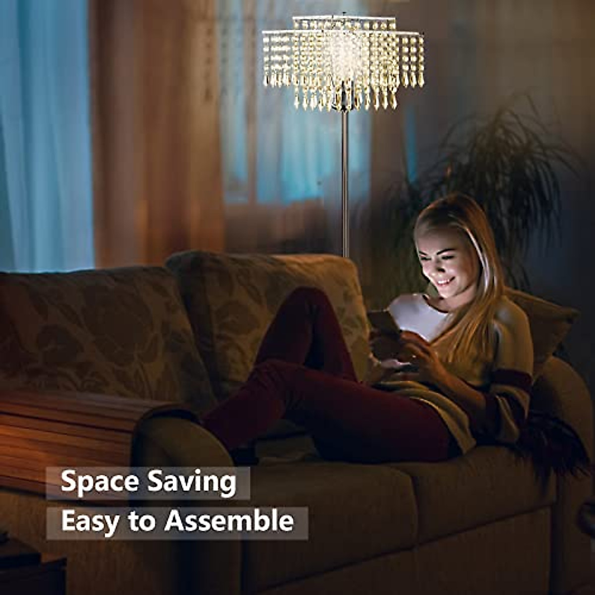 Mlambert Double-Layer Modern Lampshade Crystal Floor Lamp for Bedroom for Livingroom,Elegant Standing Lamp,61.57" Tall Pole Lamp,Suitable for Bedroom,Livingroom,6W LED Bulb Included,Silver