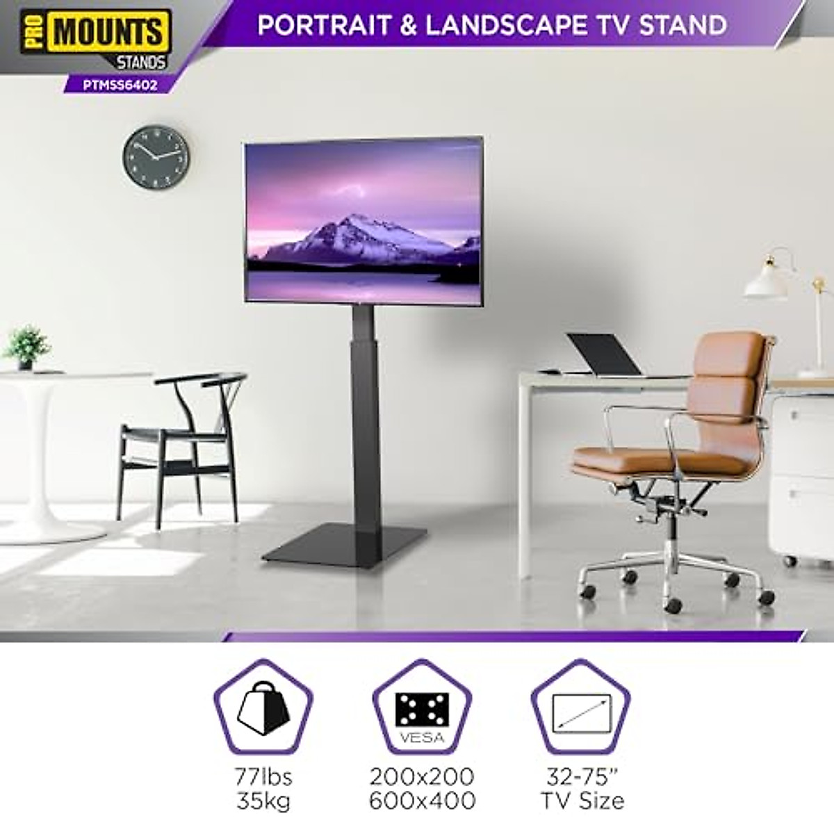 Portrait to Landscape TV Stand for 32" to 75" TVs, Height Adjustable 360° Rotating Monitor Stand with Glass Base, Floor TV Stand Mount with ±30° Swivel Range, Max VESA 600x400 Menu Wall Board