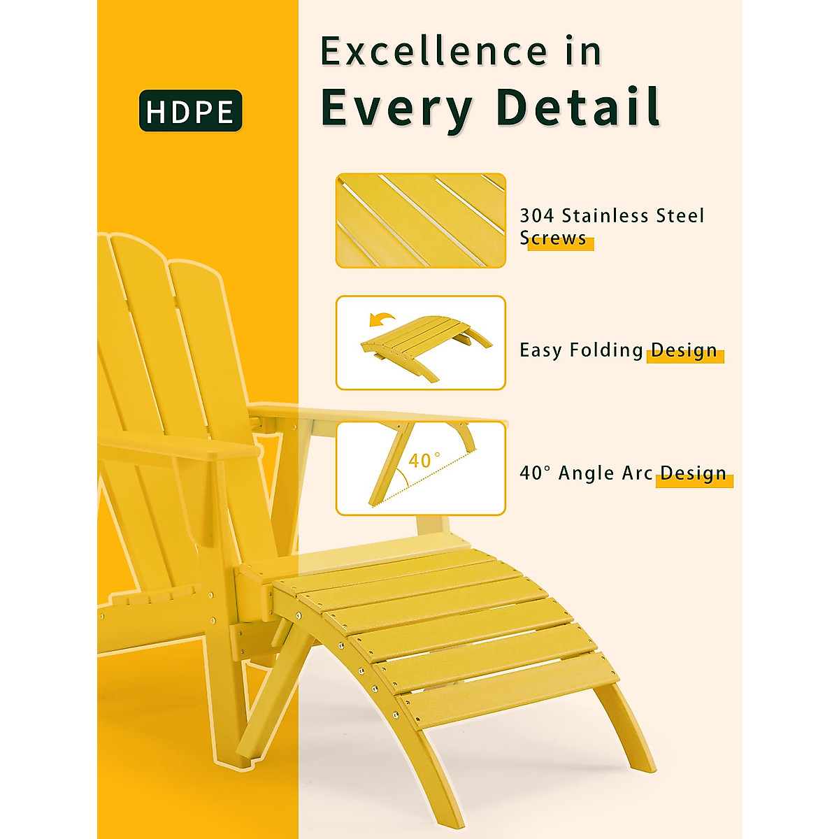 BUPPLEE Folding Adirondack Ottoman for Adirondack Chair, HDPE All Weather Outdoor Footrest Poly Lumber Adirondack Footstool for Patio, Backyard, Garden, Easily Storage - Yellow