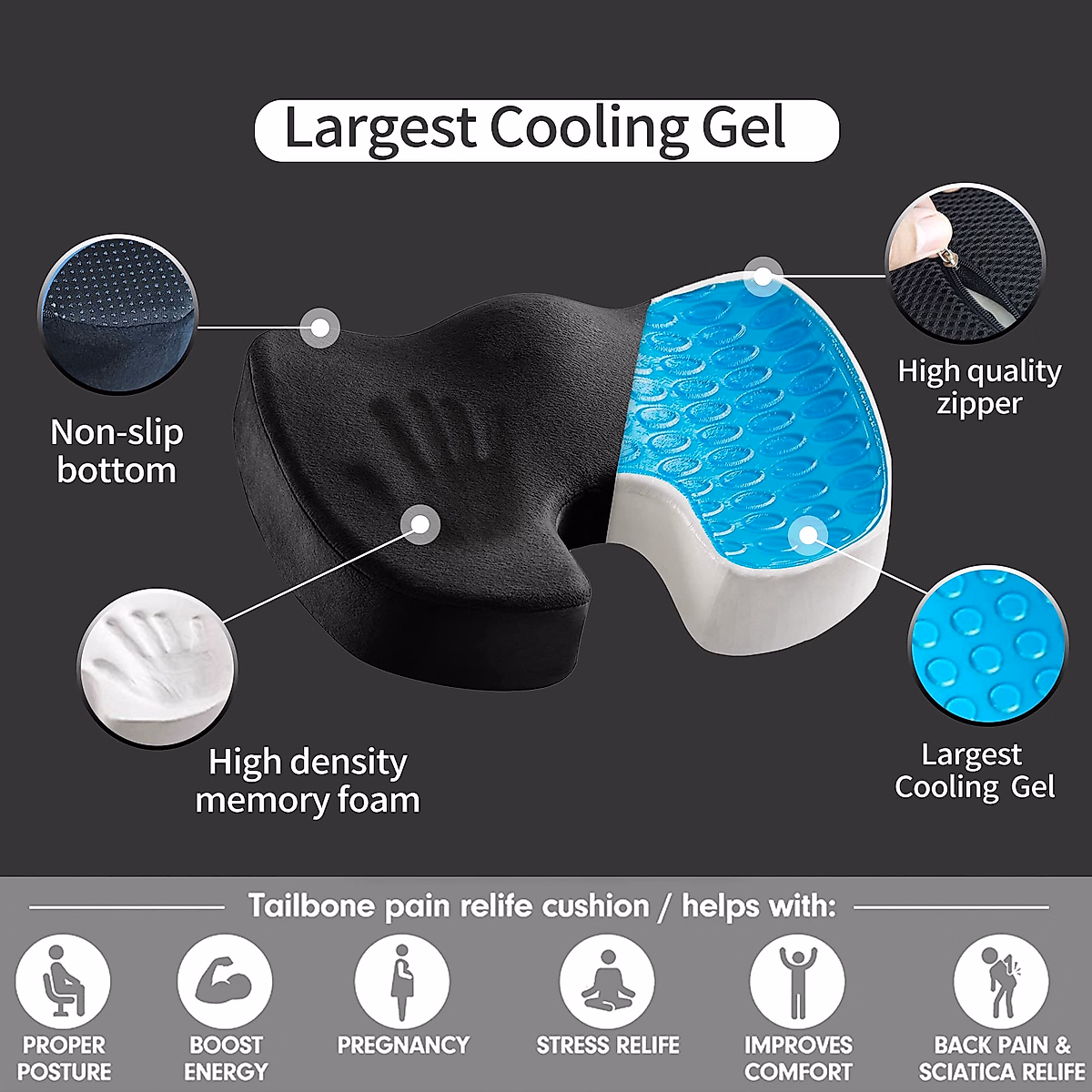 Gel Seat Cushion for Long Sitting - Memory Foam Chair Pillow for Sciatica Pain Relief - Orthopedic Gel & Memory Foam Coccyx Cushion for Tailbone Pain - Office Chair Cushion for Back Pain Grey